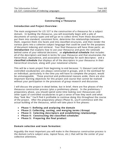 Project: Constructing a Thesaurus Introduction and ... - Michael Adcock