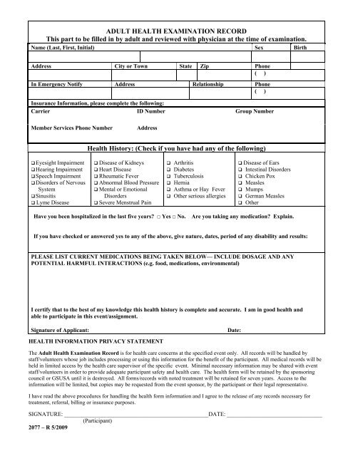Adult Health Examination Record Form