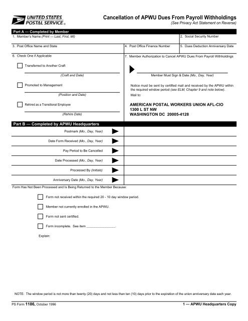 PS Form 1186, Cancellation of APWU Dues From ... - NALC Branch 78