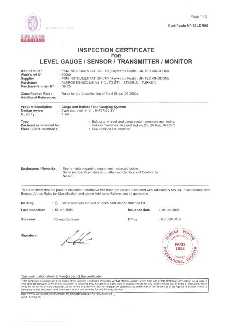 INSPECTION CERTIFICATE - Veritas Denizcilik