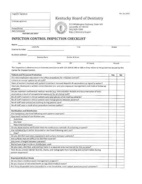 CDC Guidelines and Infection Control Checklist - Kentucky: Board of ...