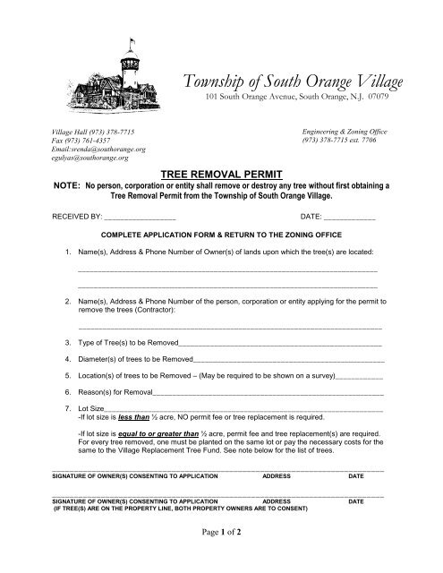 Tree Removal Permit - The Township of South Orange Village