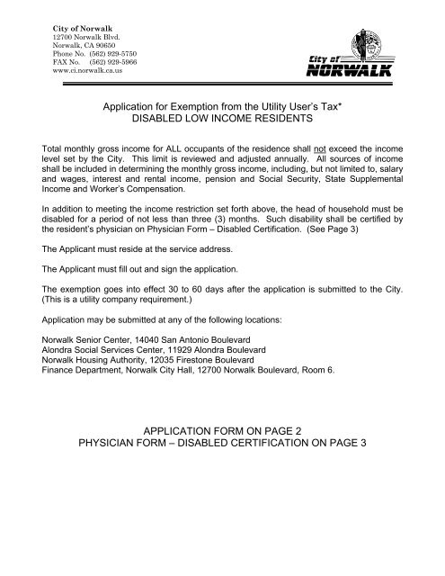 Disabled Low-Income Utility Tax Exemption Form - City of Norwalk