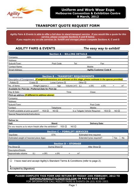 TRANSPORT QUOTE REQUEST FORM Uniform and Work Wear Expo