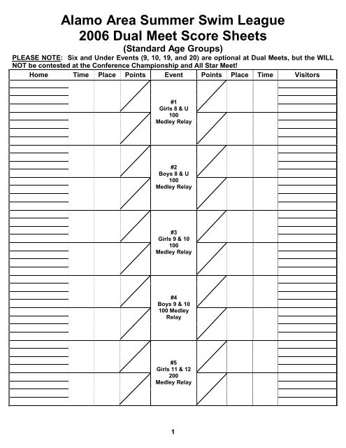 Alamo Area Summer Swim League 2006 Dual Meet Score Sheets