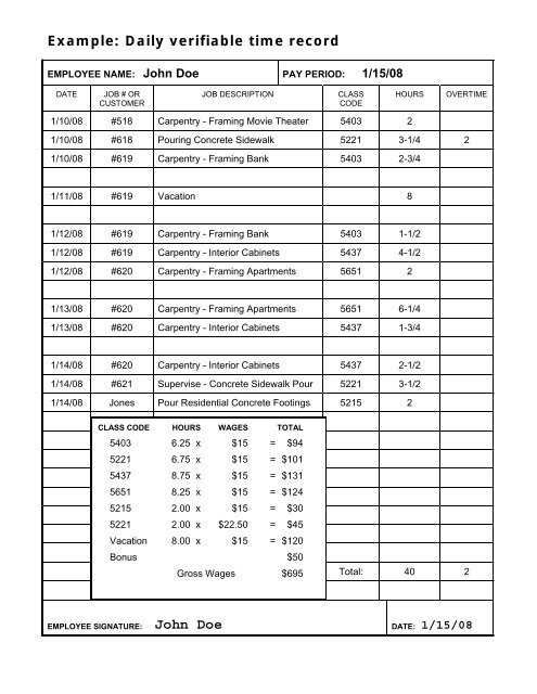Daily verifiable time record, example and sample form