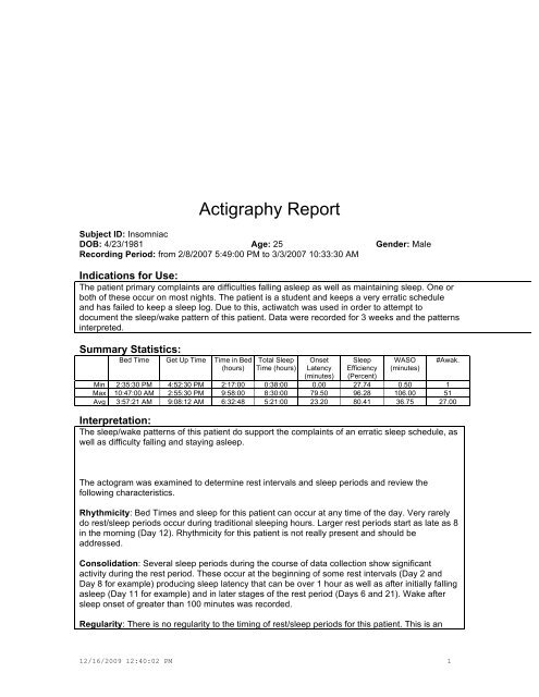 Actigraphy Report -- Insomniac Example