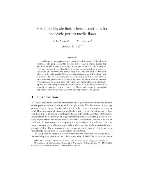 Mixed Multiscale Finite Element For Stochastic Porous Media Sintef