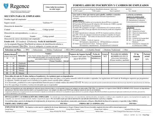 ANH Employee Enrollment & Change Form - Regence BlueShield