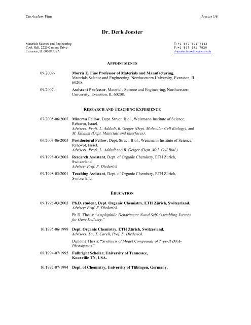 Dr. Derk Joester - Northwestern University