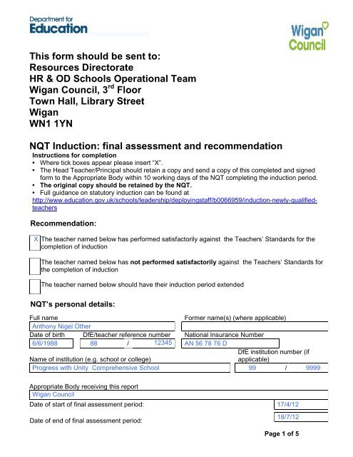 Example final assessment form - Wigan Council