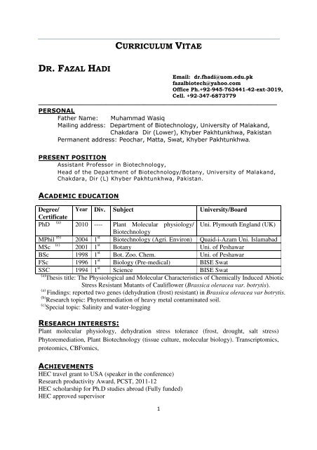 CURRICULUM VITAE DR. FAZAL HADI - University of Malakand