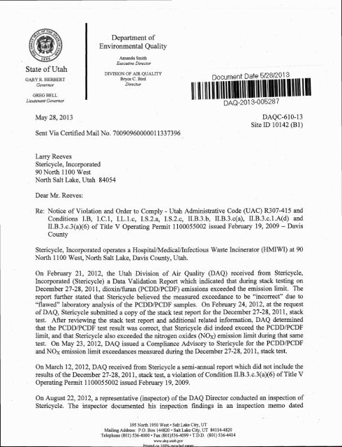 Notice of Violation and Order to Comply - Division of Air Quality ...