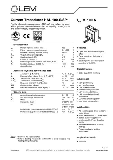 Current Transducer HAL 100-S/SP1 I = 100 A