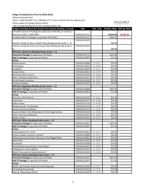 Bridge to Reading Zone Price List - Oxford University Press