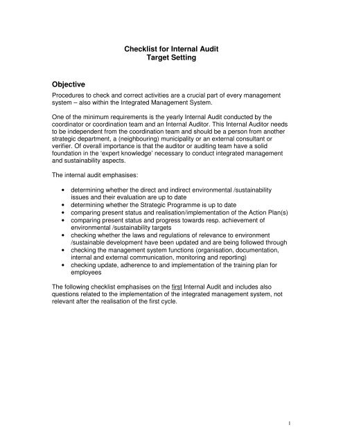 Checklist for Internal Audit Target Setting Objective