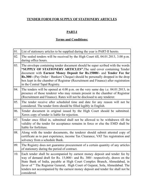 TENDER FORM FOR SUPPLY OF STATIONERY ARTICLES PART-I ...