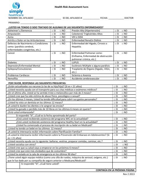 Health Risk Assessment Form - Simply Healthcare Plans