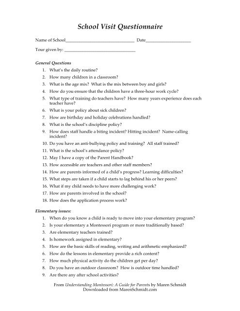 SCHOOL VISIT QUESTIONNAIRE - Maren Schmidt