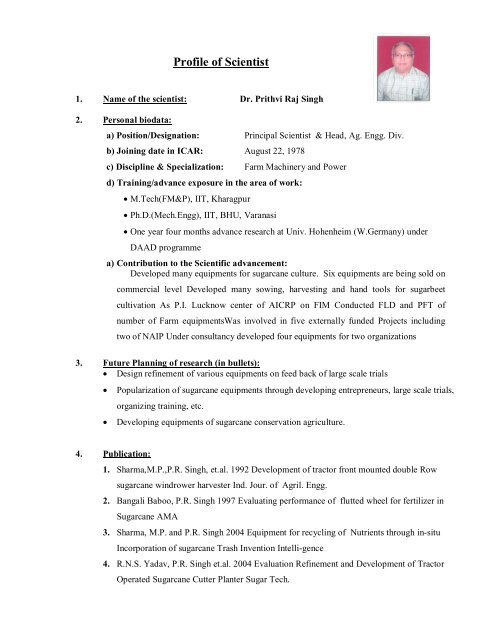 Profile of Scientist - Indian Institute of Sugarcane Research