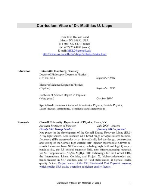 Curriculum Vitae of Dr. Matthias U. Liepe - LEPP - Cornell University