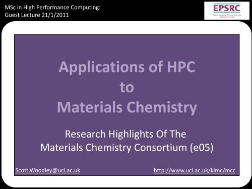 Applications of HPC to Materials Chemistry - EPCC