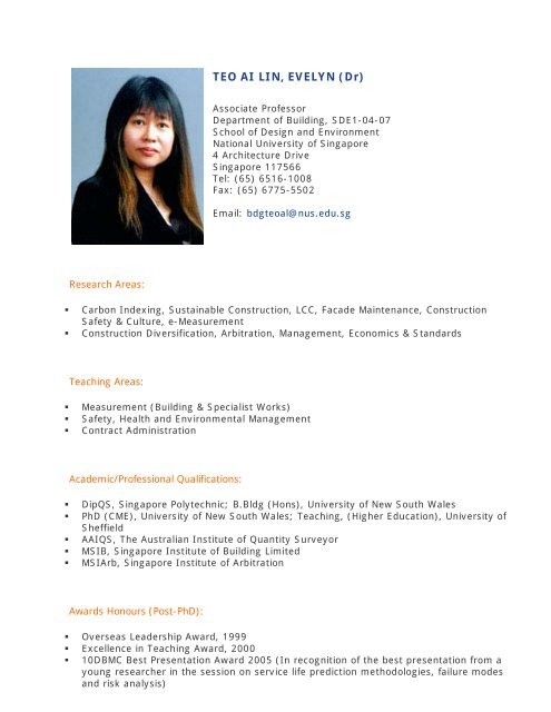 TEO AI LIN, EVELYN (Dr) - Department of Building - National ...