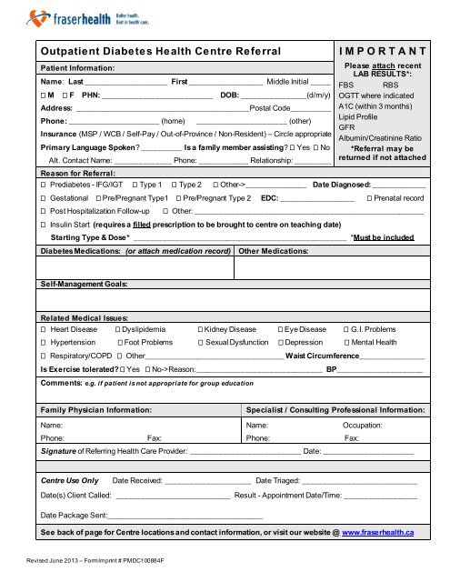 Diabetes Education Referral Form - Fraser Health