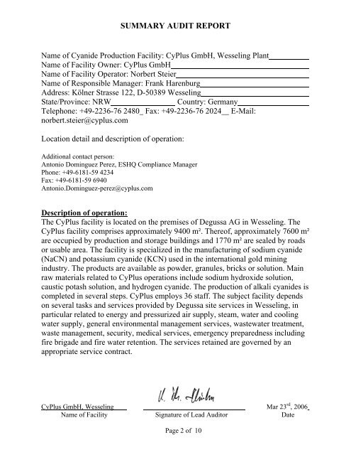 Summary Audit Report - International Cyanide Management Code
