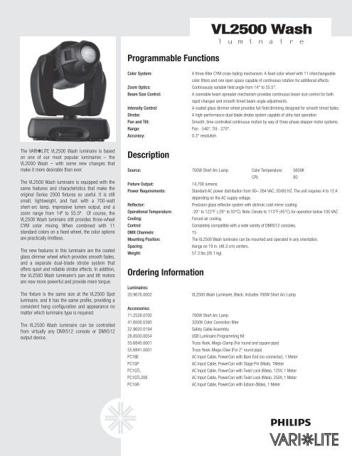VL2500 Wash Luminaire Spec Sheet - Vari-Lite