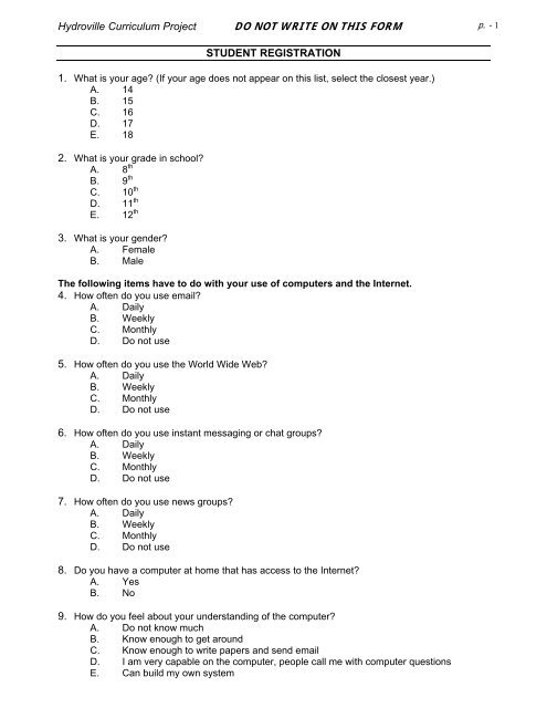 DO NOT WRITE ON THIS FORM - Hydroville
