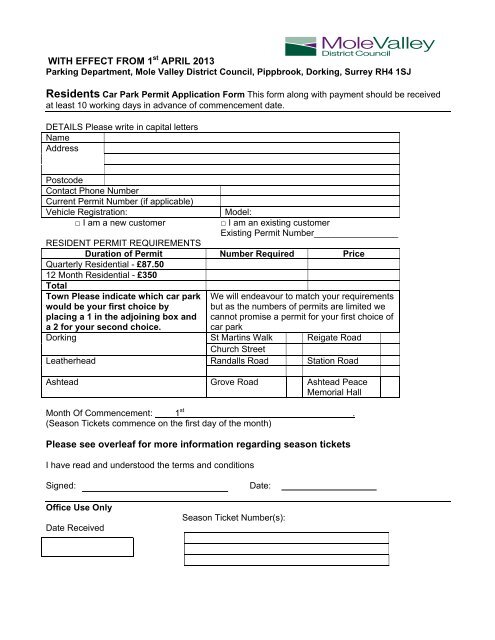 Car Park Permit Application Form - Mole Valley District Council