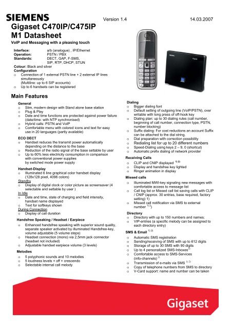 Siemens Gigaset C470 IP - Datasheet - MyNetFone