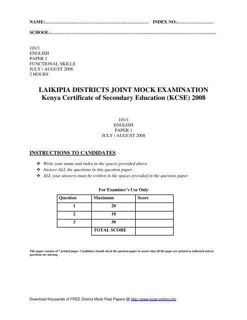 LAIKIPIA DISTRICTS JOINT MOCK EXAMINATION ... - KCSE Online LAIKIPIA DISTRICTS JOINT MOCK EXAMINATION ... - KCSE Online