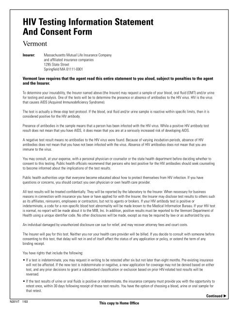 HIV Testing Information Statement And Consent Form - MassMutual