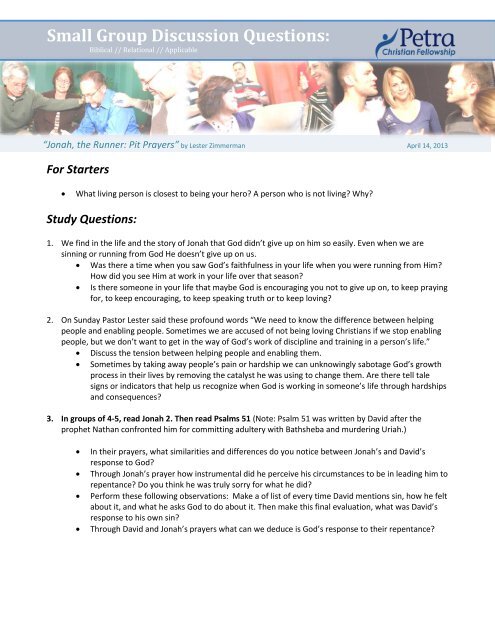 Small Group Discussion Questions: - Petra Christian Fellowship