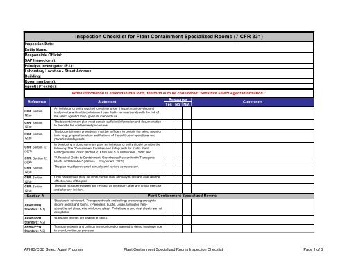Inspection Checklist for Plant Containment Specialized ... - CiteSeerX