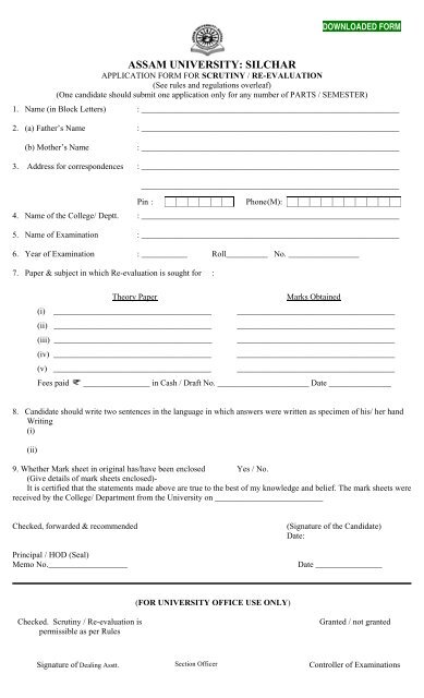 scrutiny or re-evaluation form - Assam University scrutiny or re-evaluation form - Assam University