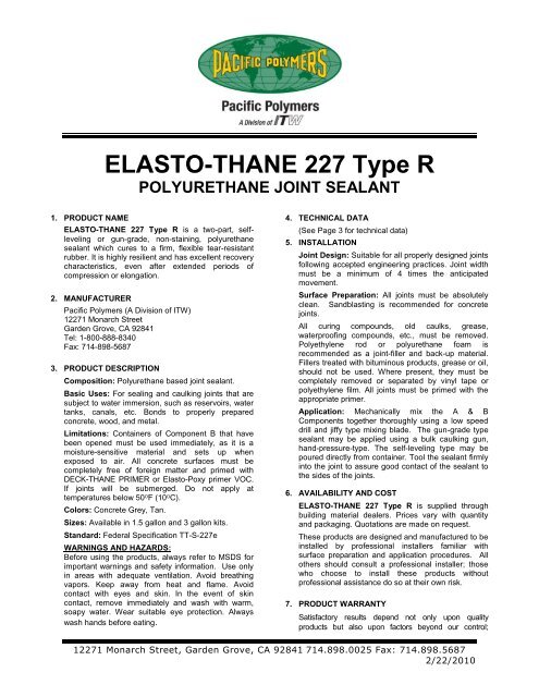ELASTO-THANE 227 Type R POLYURETHANE JOINT SEALANT