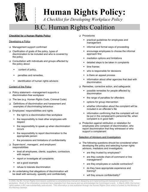 A Checklist for Developing Workplace Policy - BC Human Rights ...