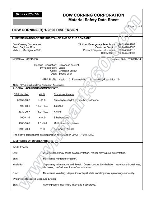 DOW CORNING CORPORATION Material Safety Data Sheet