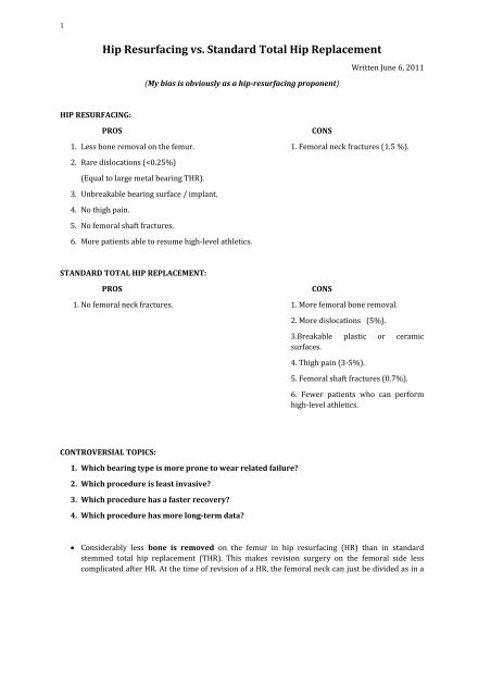 Hip Resurfacing vs. Standard Total Hip Replacement