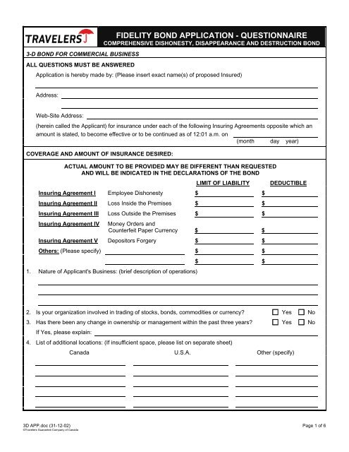 fidelity bond application - questionnaire - Travelers Canada
