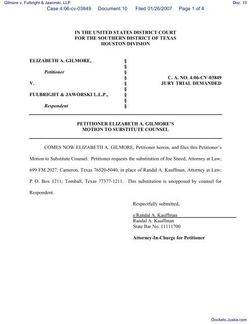 Unopposed MOTION to Substitute Attorney Joe Sneed in ... - Justia