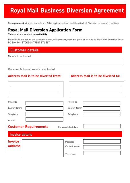 Invoice details Royal Mail Business Diversion Agreement