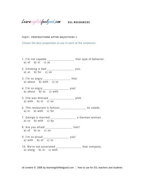 Prepositions after adjectives 1 - LearnEnglishFeelGood.com