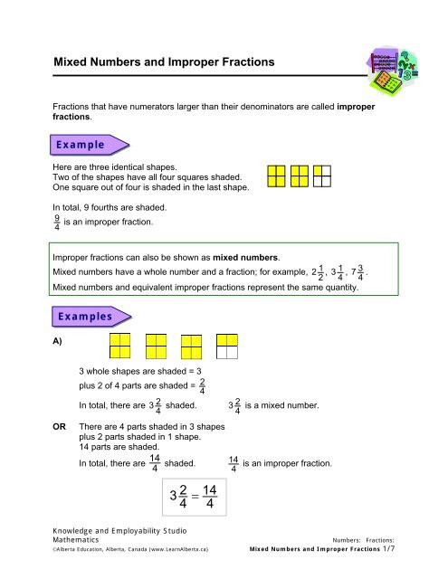 Mixed numbers and Improper Fractions - LearnAlberta.ca