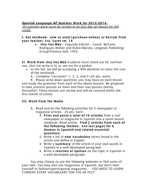 Spanish Language AP Summer Work for 2013-2014 - Leigh High ...