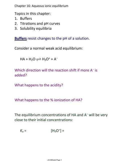 Buffers 1. Titrations and pH curves 2. Solubility equilibria 3. Topics ...