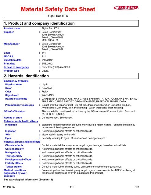 311 - Fight-Bac RTU MSDS English - Betco Corporation